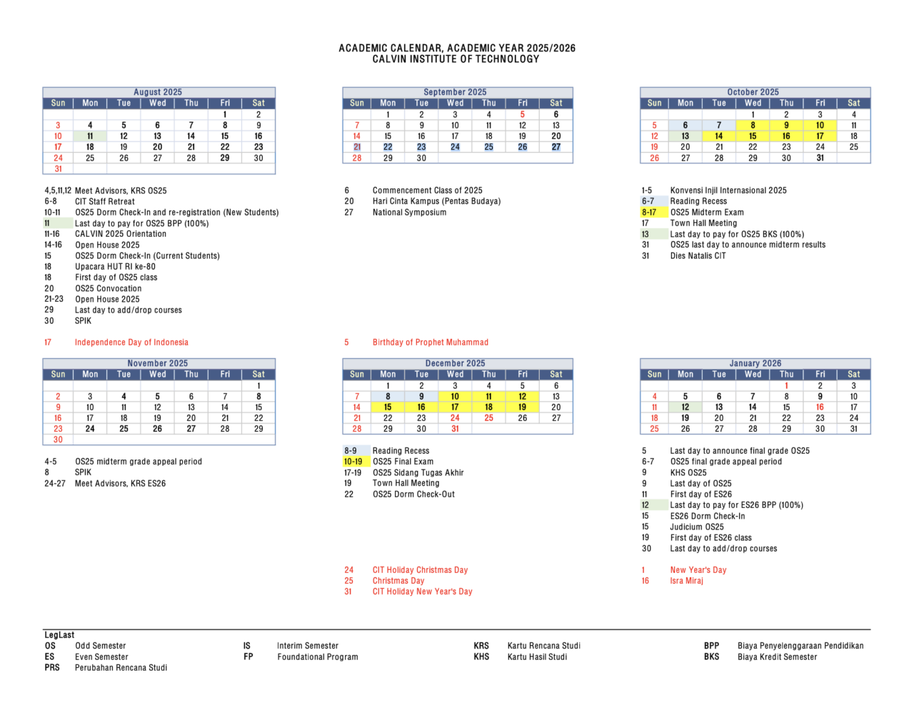 Academic Calendar | Calvin Institute of Technology